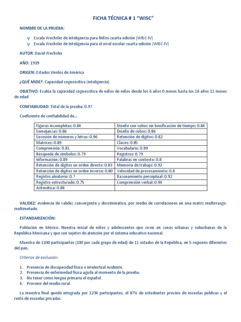 FICHA TÉCNICA WISC | Escala de inteligencia de Wechsler para adultos ...
