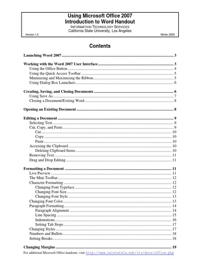 Using Microsoft Office 2007 Introduction To Word Handout: I T S ...