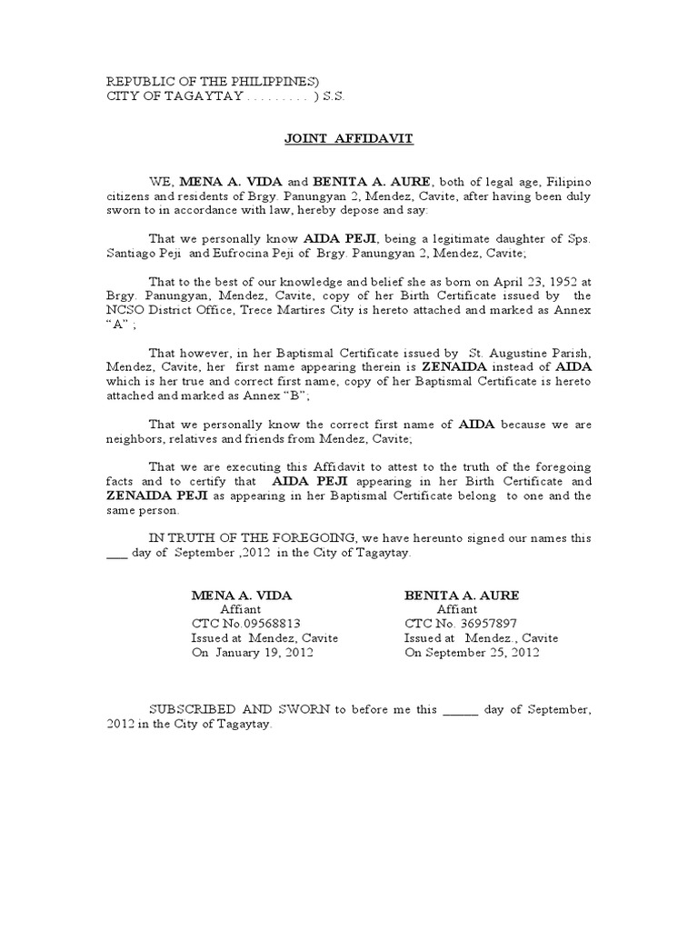 Affidavit of Two Disinterested Person | PDF | Affidavit | Civil Law ...