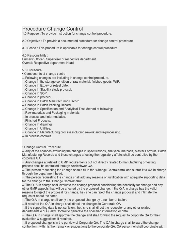 Change Control Procedure Overview | PDF | Quality Assurance ...