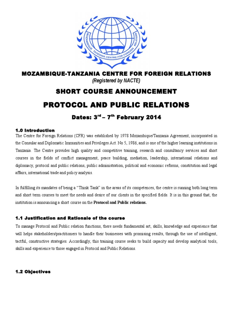 SHORT COURSE ANNOUNCEMENT PROTOCOL AND PUBLIC RELATIONS Dates: 3rd ...