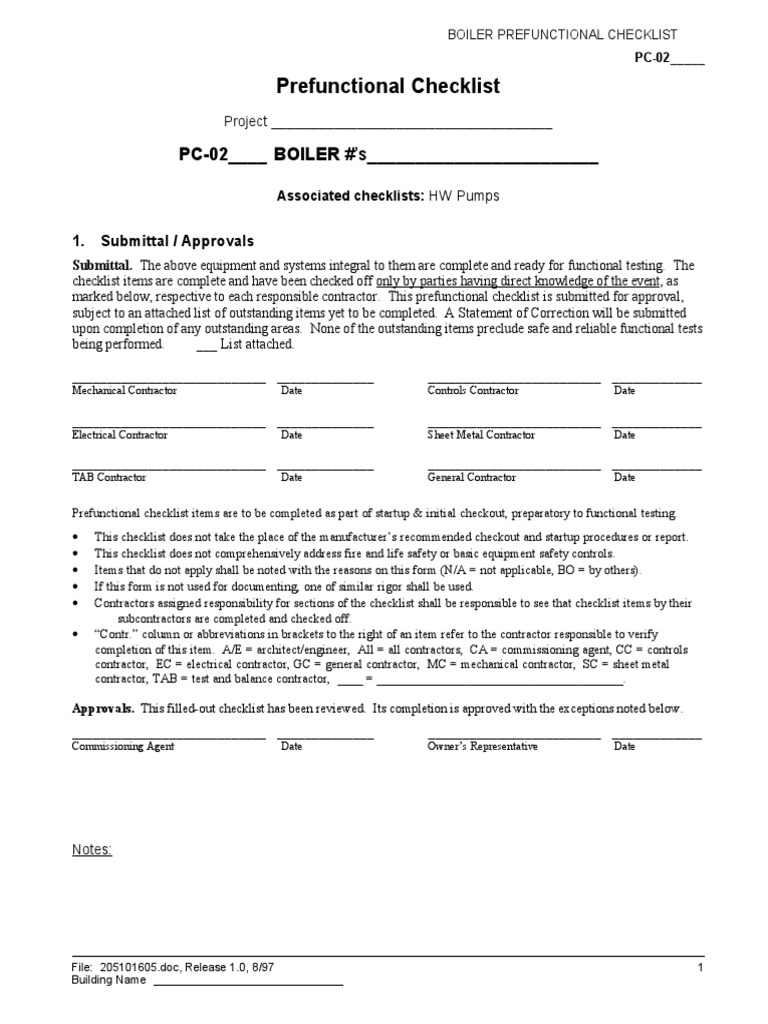 Boiler Prefunctional Checklist Guide | PDF | General Contractor ...