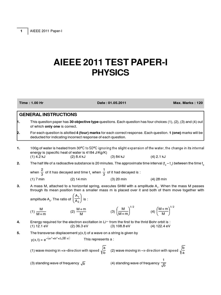 AIEEE 2011 Paper I With Answer Key | PDF | Photoelectric Effect | Chlorine