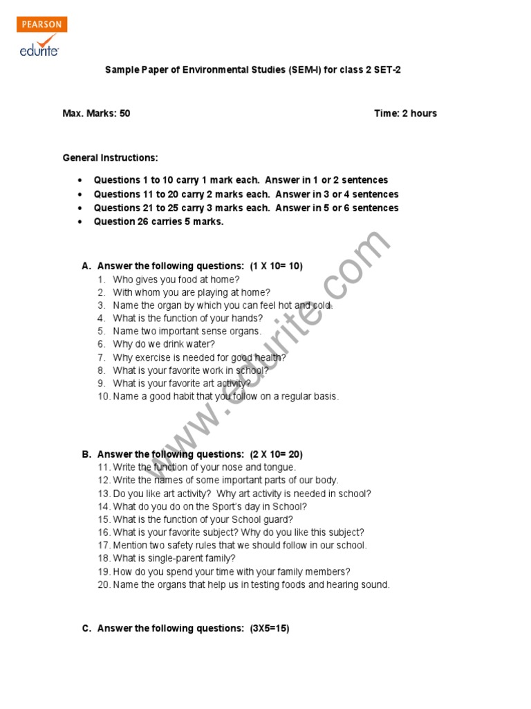 Cbse Class 2 Evs Sample Paper Term 1 Model 2 | PDF | Language Arts ...