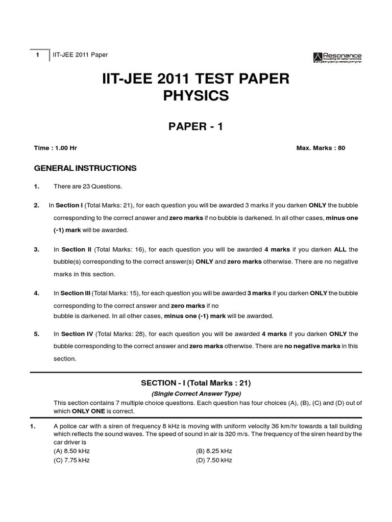 IIT-JEE 2011 Question Paper With Answer Key | PDF | Electron | Heat ...