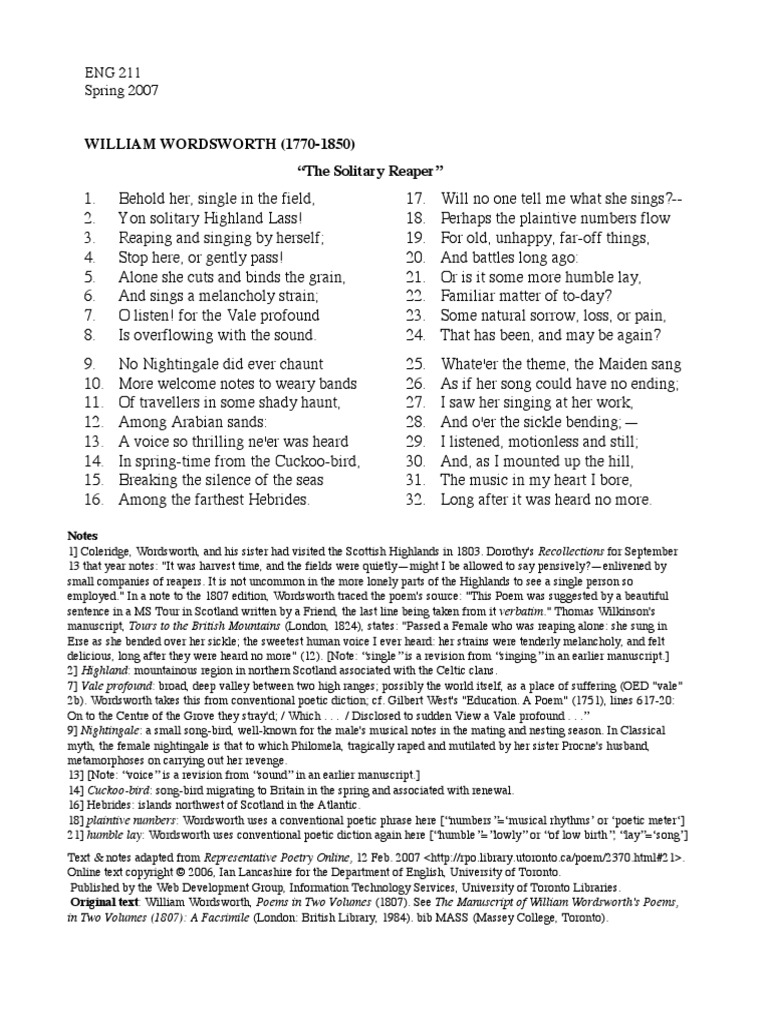 Wordsworth, Solitary Reaper | PDF | Poetry | Ballad