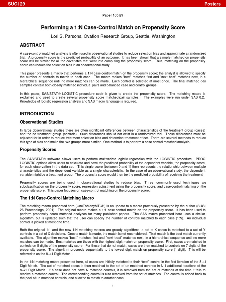 Performing A 1 N Case-Control Match On Propensity Score | PDF ...