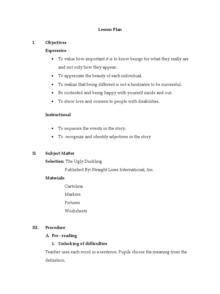 4 Prong Lesson Plan Ugly Duckling | PDF | Duck | Lesson Plan