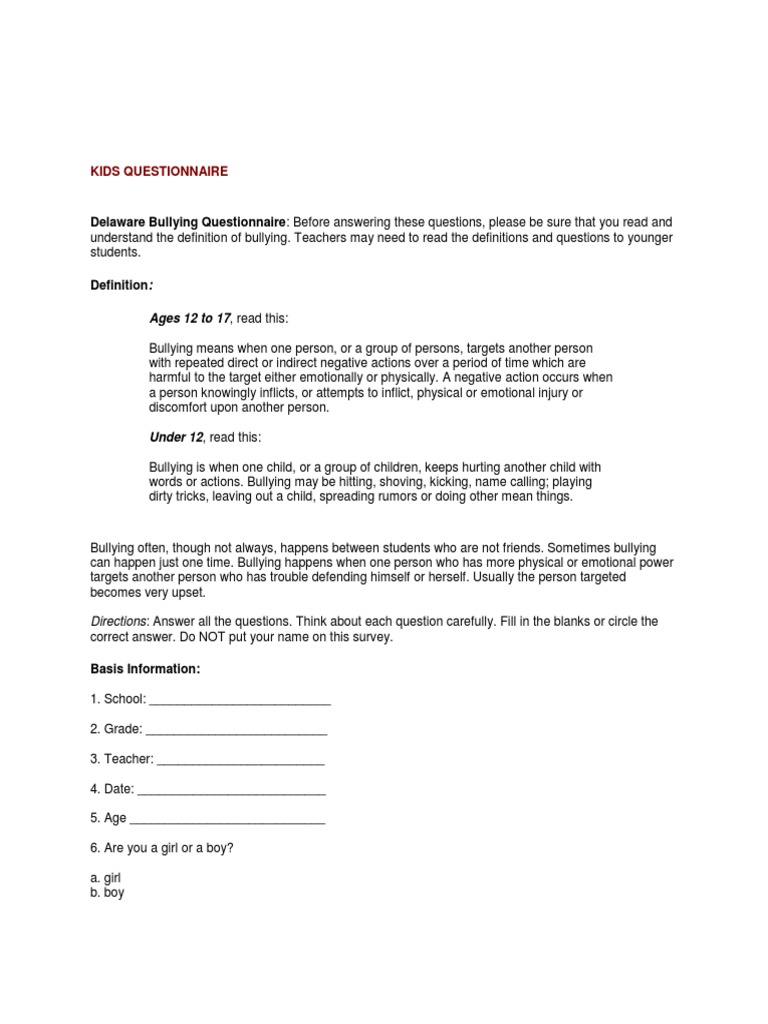 Kids Questionnaire: Delaware Bullying Questionnaire: Before Answering ...