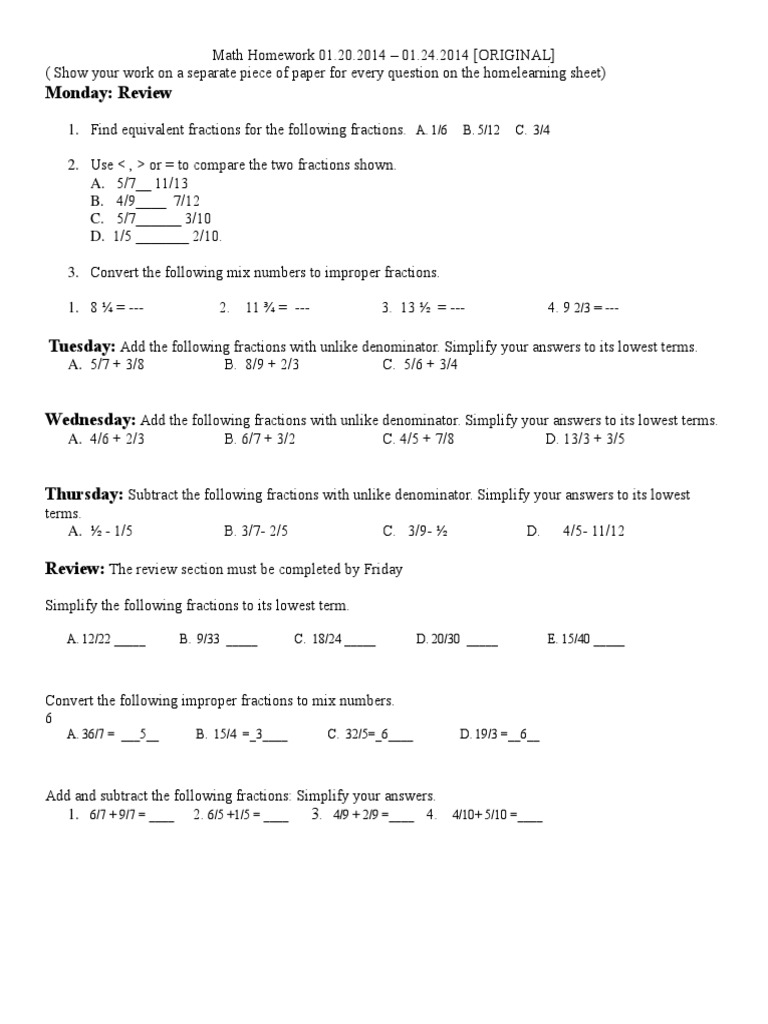 4 - Math Homework 01.20.2014 - 01.24.2014 Original & Modified | PDF ...
