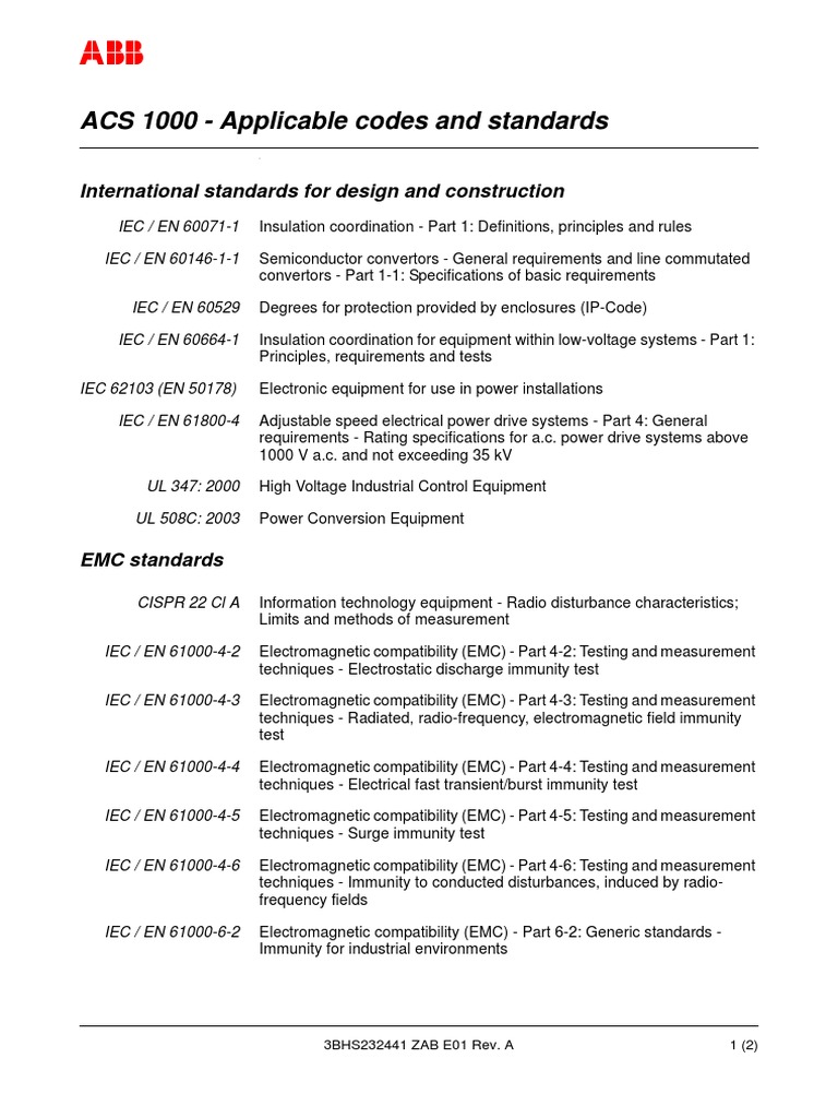 ACS 1000 CodesStandards 3BHS232441 E01 RevA | PDF | Electromagnetic ...