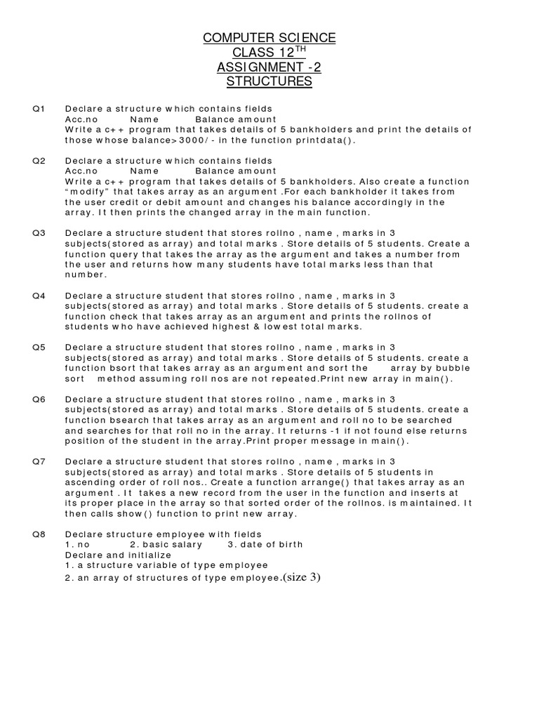 Computer Science Class 12 Assignment - 2 Structures | PDF | Array Data Structure | Subroutine