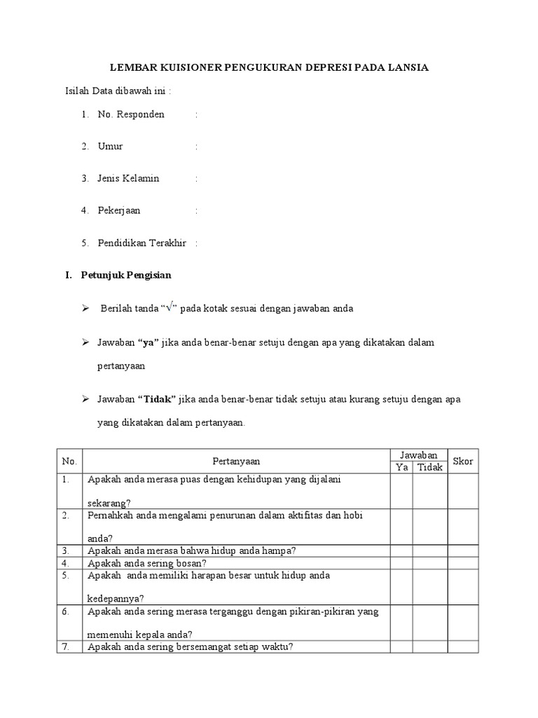 Lembar Kuisioner Pengukuran Depresi Pada Lansia | PDF