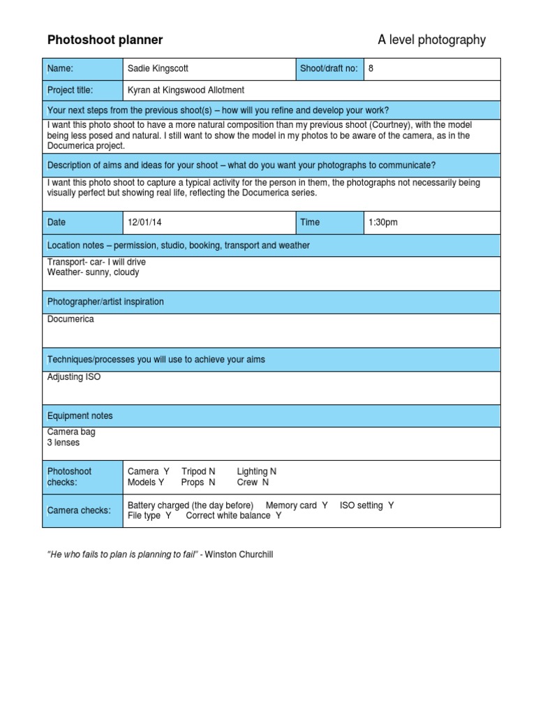 Photoshoot Planning Sheet: Kyran's Session | PDF