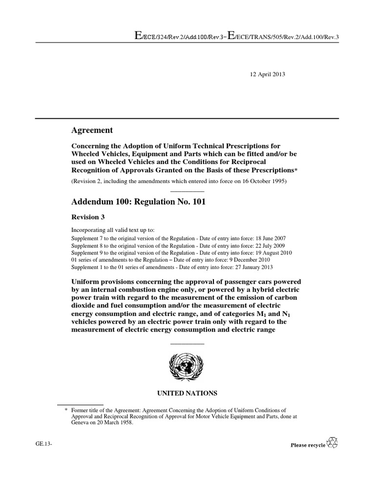 UN ECE R101: Vehicle Emission Standards | PDF | Fuel Efficiency | Vehicles