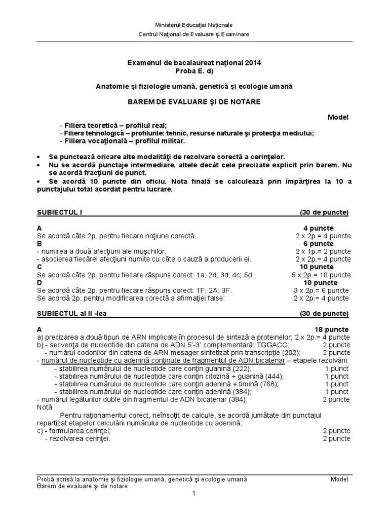 Barem Model Biologie Anatomie și fiziologie umană