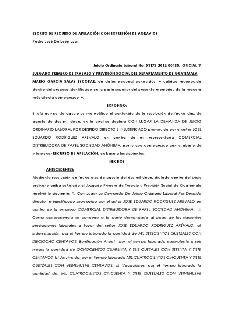 Apelación Con Expresión de Agravios | PDF | Demanda judicial | Evidencia (ley)