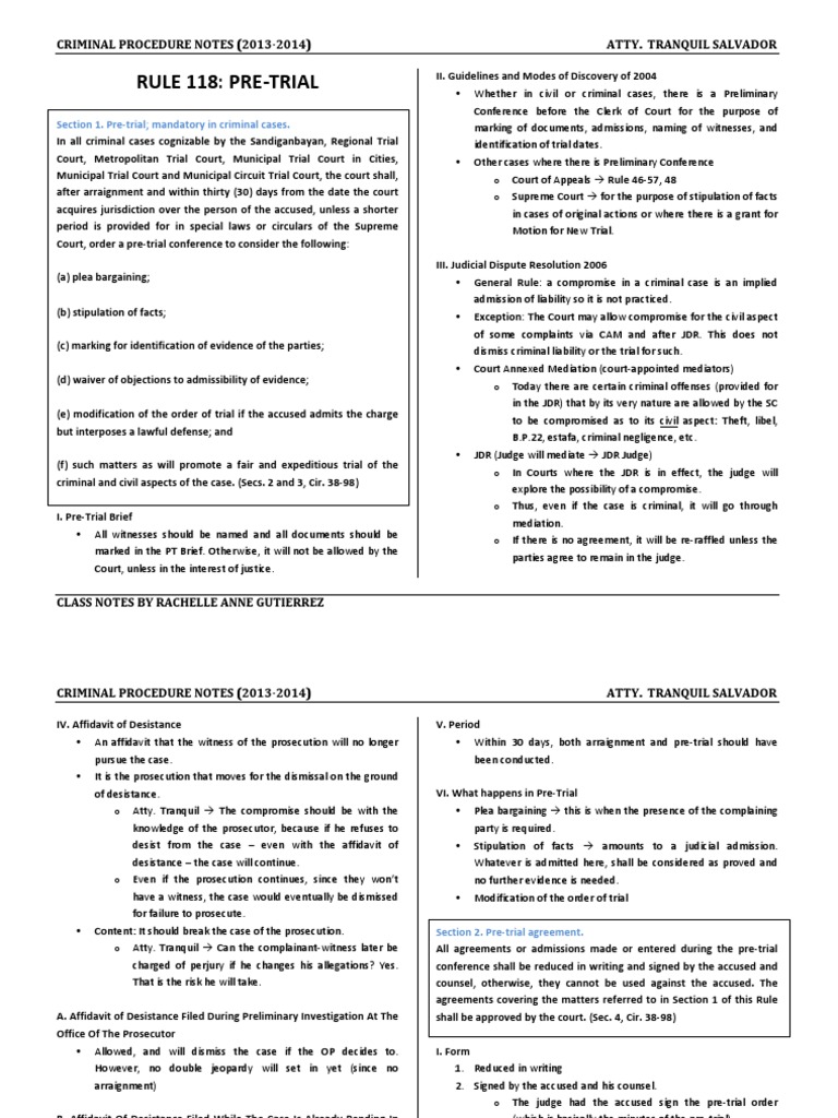 Rule 118: Pre - Trial: Criminal Procedure Notes (2013 - 2014) Atty ...