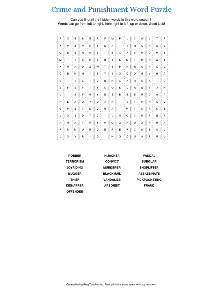 Crime Word Search Puzzle | PDF | Language Arts & Discipline