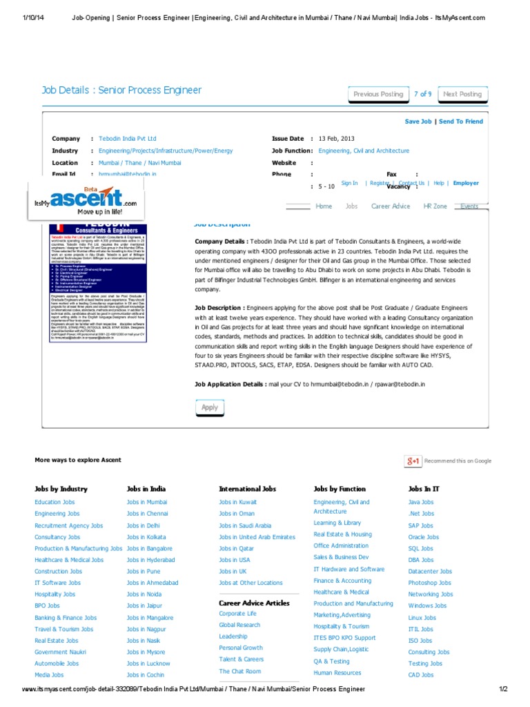 Job-Opening - Senior Process Engineer - Engineering, Civil and Architecture in Mumbai - Thane ...