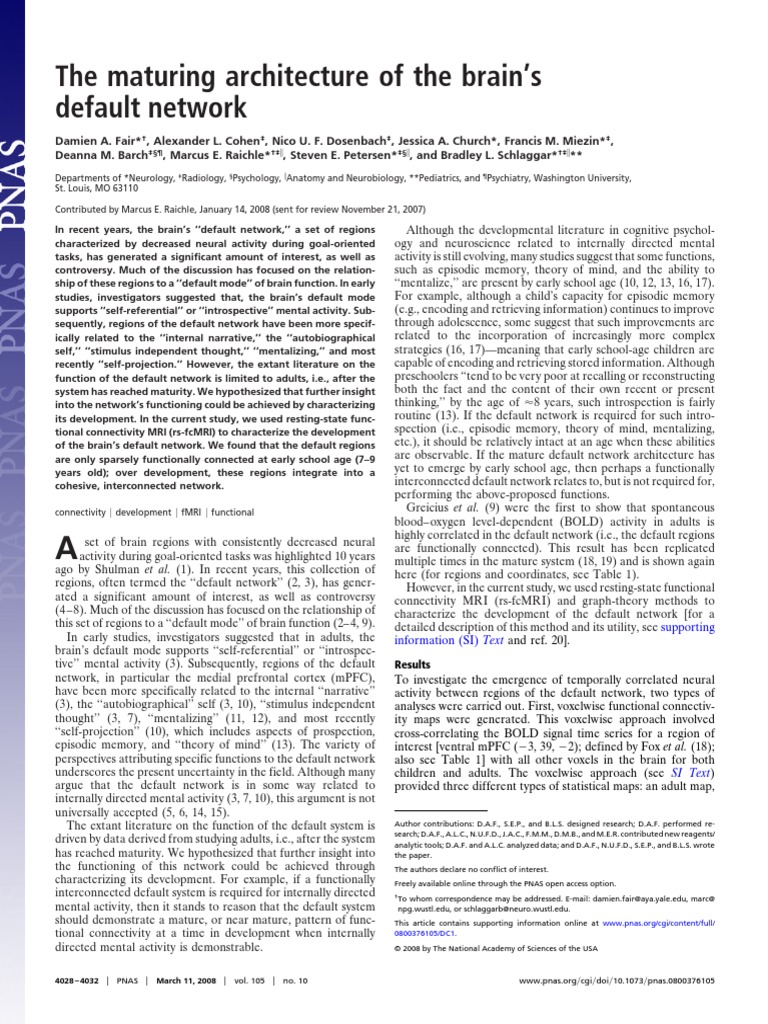 The Maturing Architecture of The Brain's Default Network | PDF | Neural Oscillation | Cingulate ...