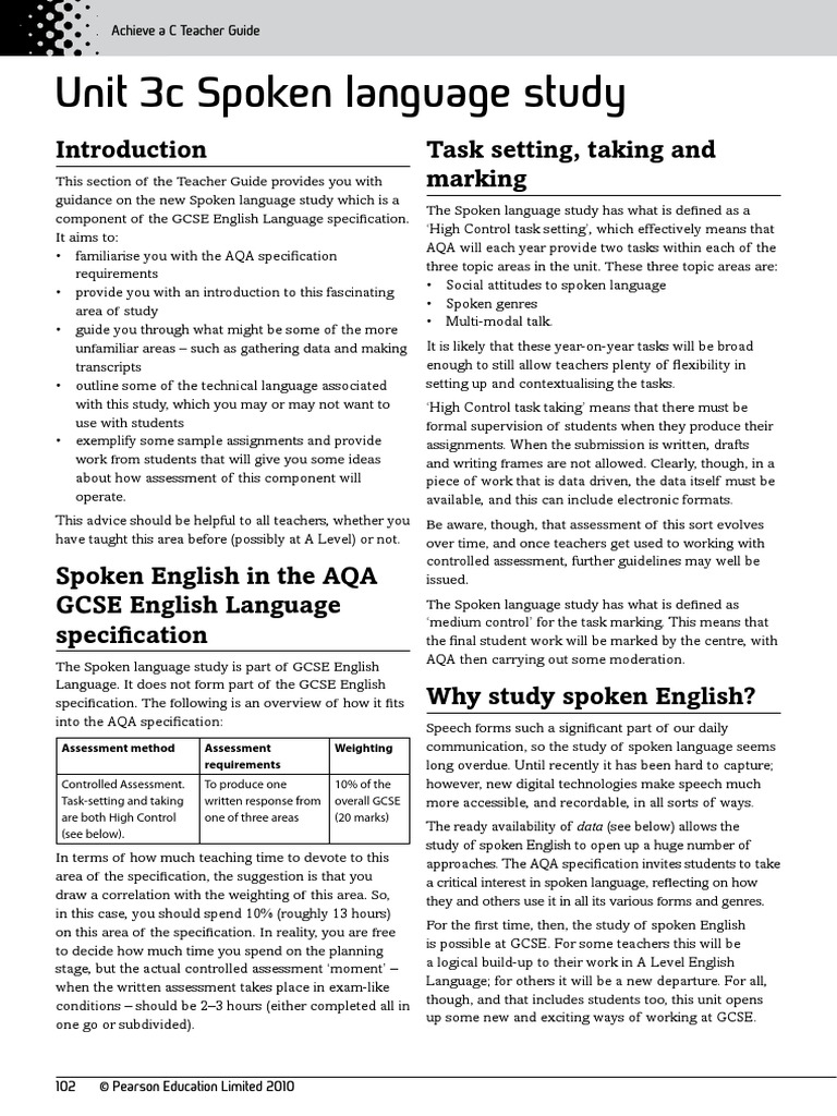 Unit 3c Spoken Language Study: Task Setting, Taking and Marking | PDF ...