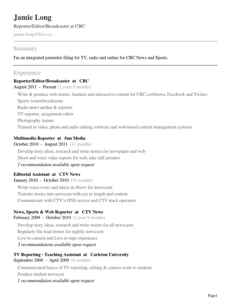 Jamie Long's CV | PDF | News Broadcasting | Copy Editing