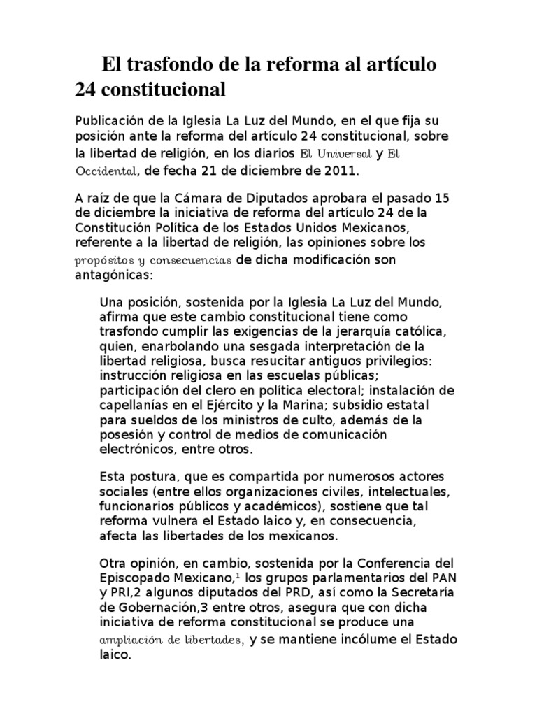 Reforma al Artículo 24: ¿Libertad o Privilegios? | PDF | Secularidad ...