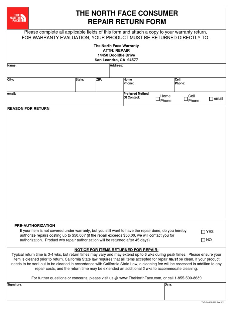 The North Face Consumer Repair Return Form | PDF