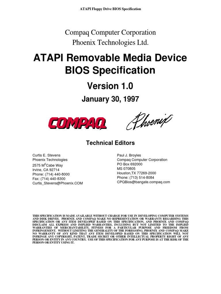 ATAPI Removable Media Device BIOS Specification 1.0 | PDF | Booting | Bios