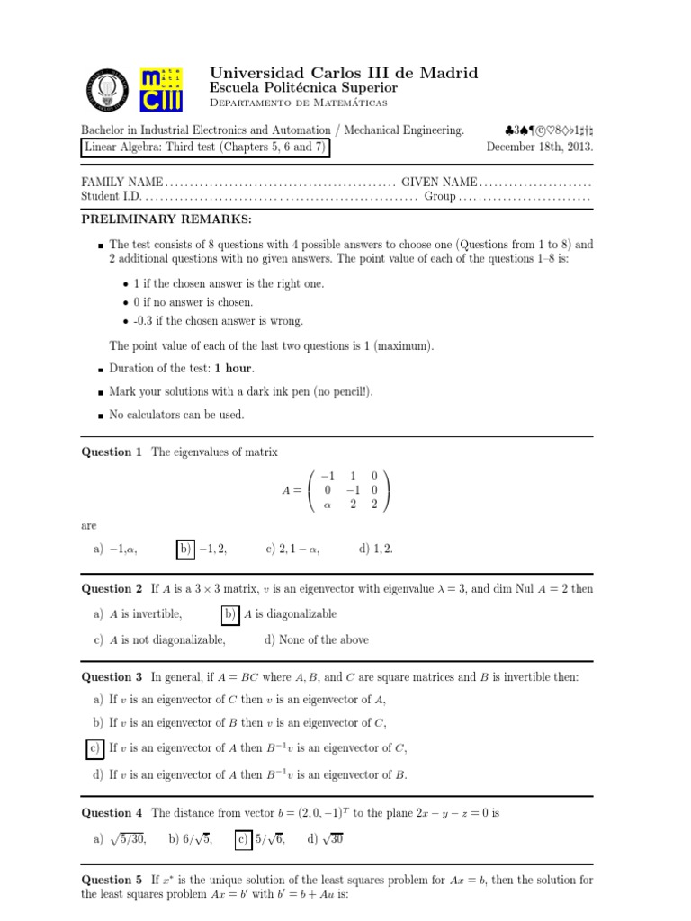 Linear Algebra Exam for Engineers | PDF | Eigenvalues And Eigenvectors | Mathematical Relations