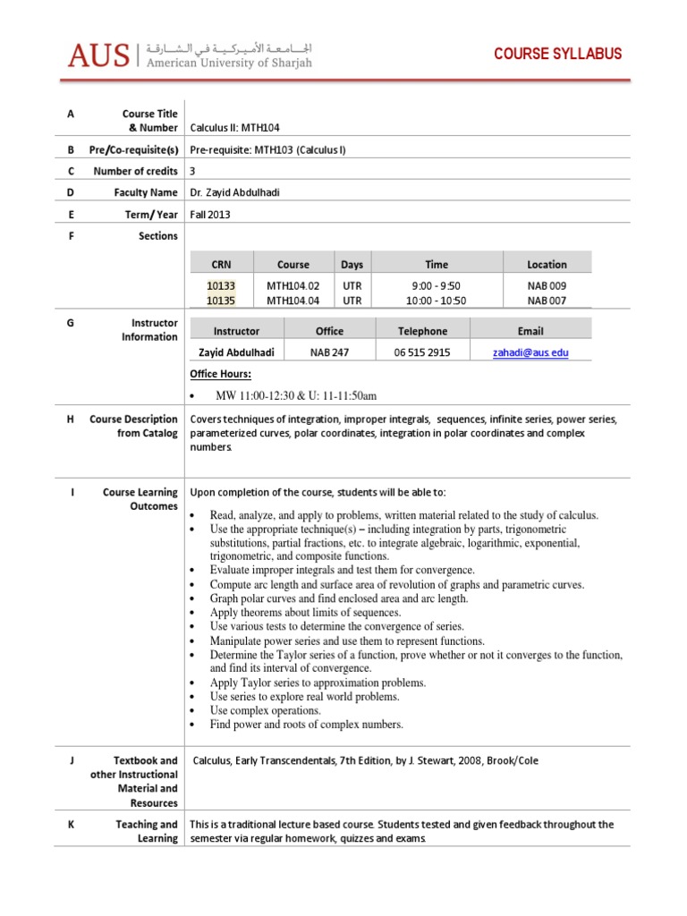 MTH104 Syllabus Fall13 As | PDF | Series (Mathematics) | Power Series