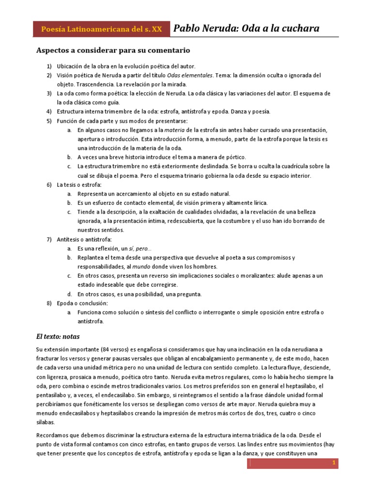 Pablo Neruda Oda A La Cuchara | PDF | Metro (poesía) | Poesía