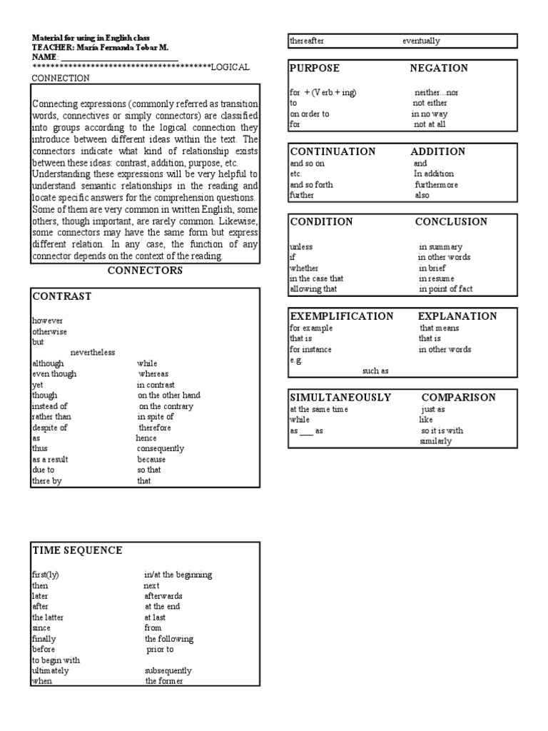 Essential Connectors for English Class | PDF