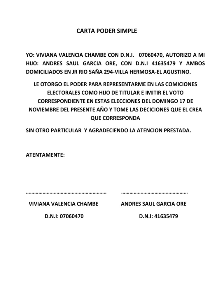 Carta Poder Simple | PDF | Elecciones | Votación