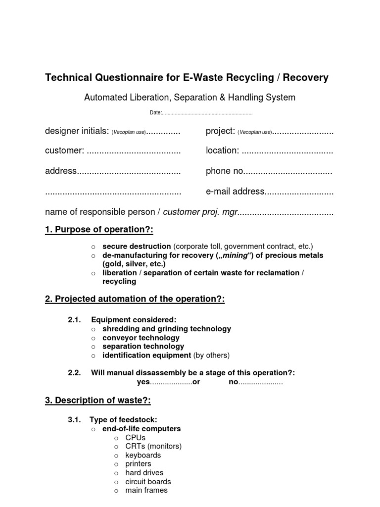 Technical Questionnaire For E-Waste Recycling / Recovery | Download ...