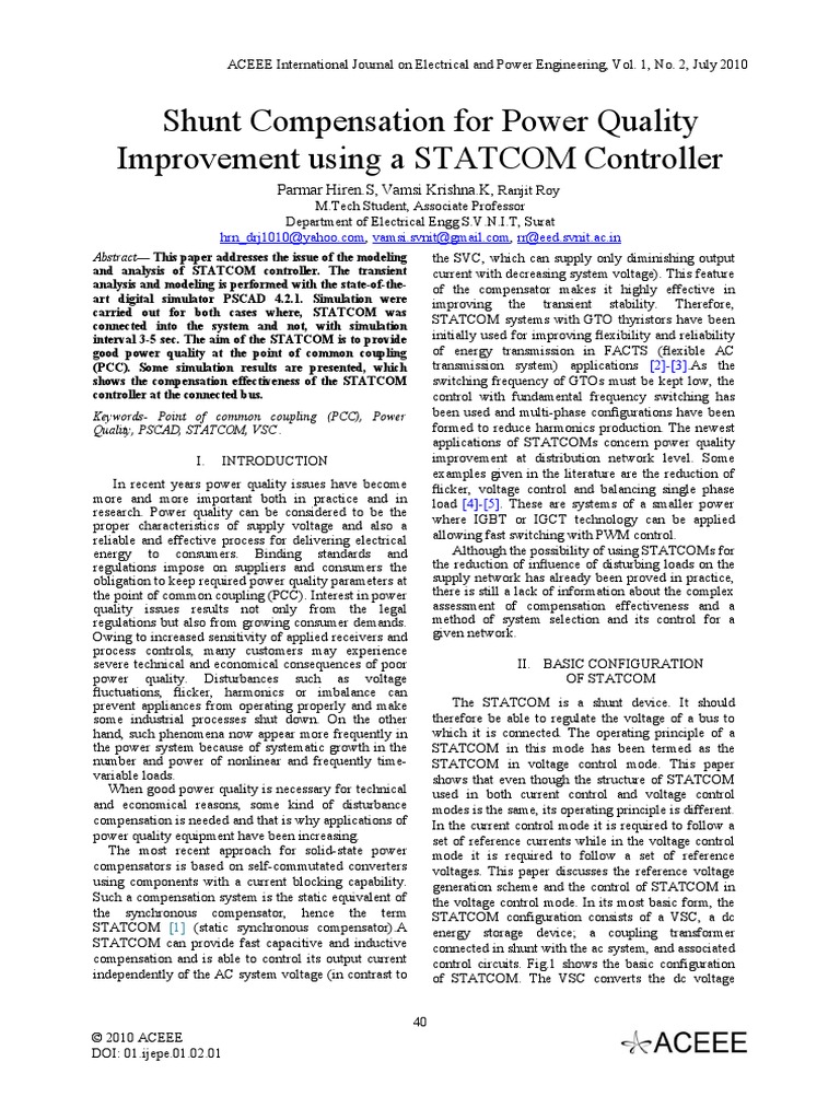 Shunt Compensation For Power Quality Improvement Using A Statcom Controller | PDF | Ac Power ...