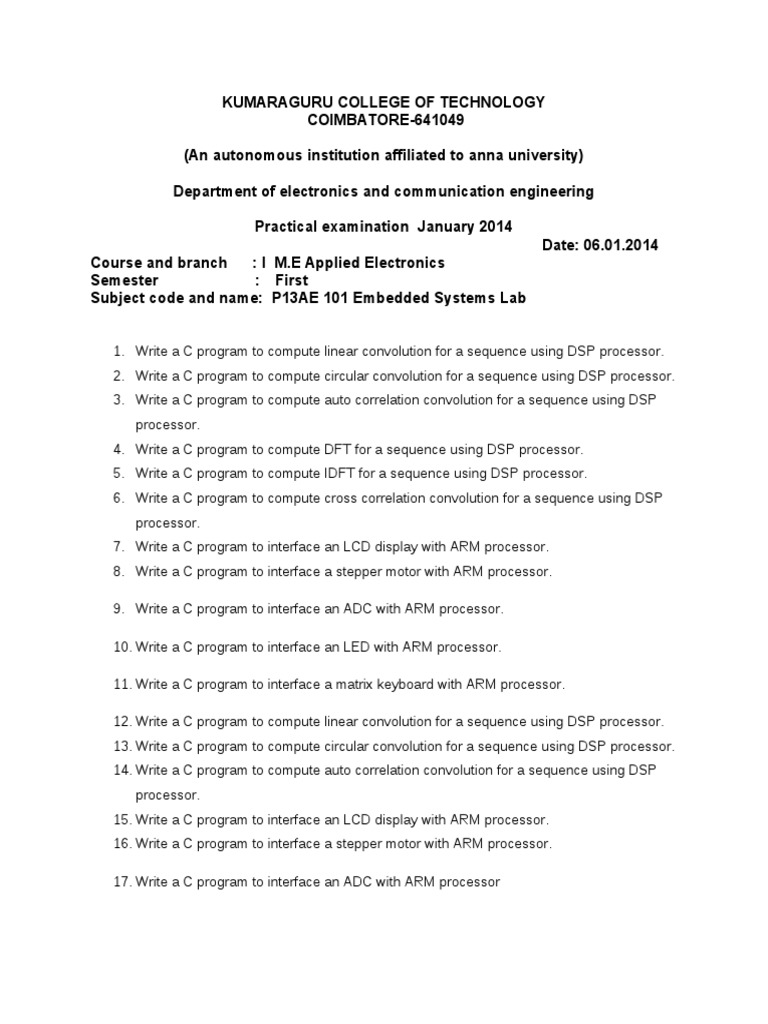 Embedded System Lab Question Paper | PDF | Signal Processing | Systems Theory