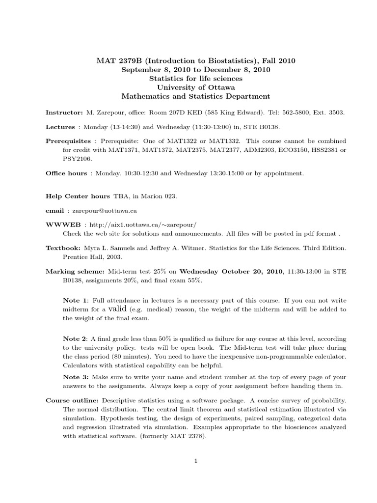 Outline For Mat2379 - Statistics For Life Sciences | PDF | Quantitative ...