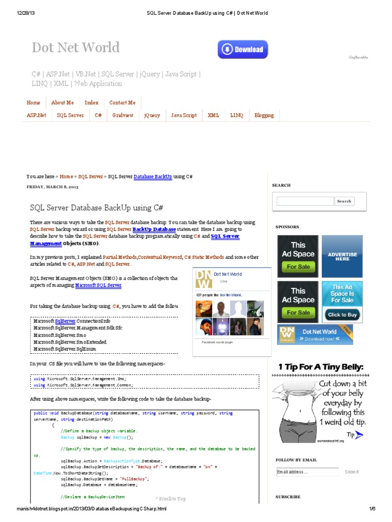 SQL Server Database BackUp Using C# - Dot Net World | PDF | Microsoft Sql Server | C Sharp ...