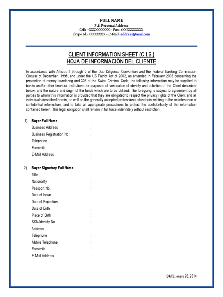 Client Information Sheet C.I.S | PDF | Money Laundering | Government ...