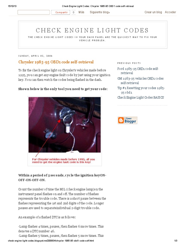 Check Engine Light Codes - Chrysler 1985-95 OBD1 Code Self-Retrieval ...