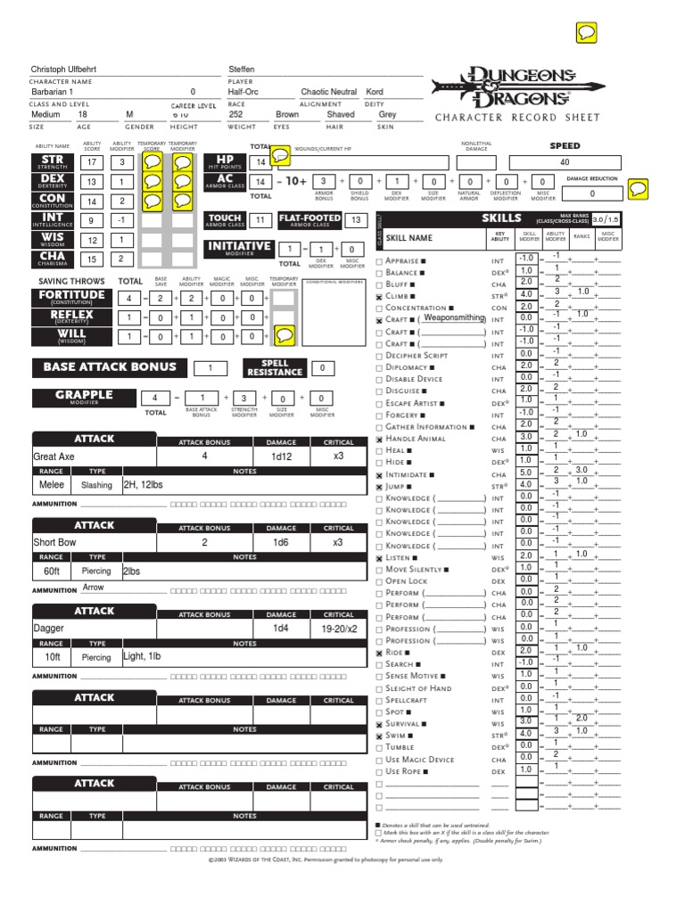 DND Character Sheet Half-Orc Barb | PDF | Role Playing Games | Role Playing