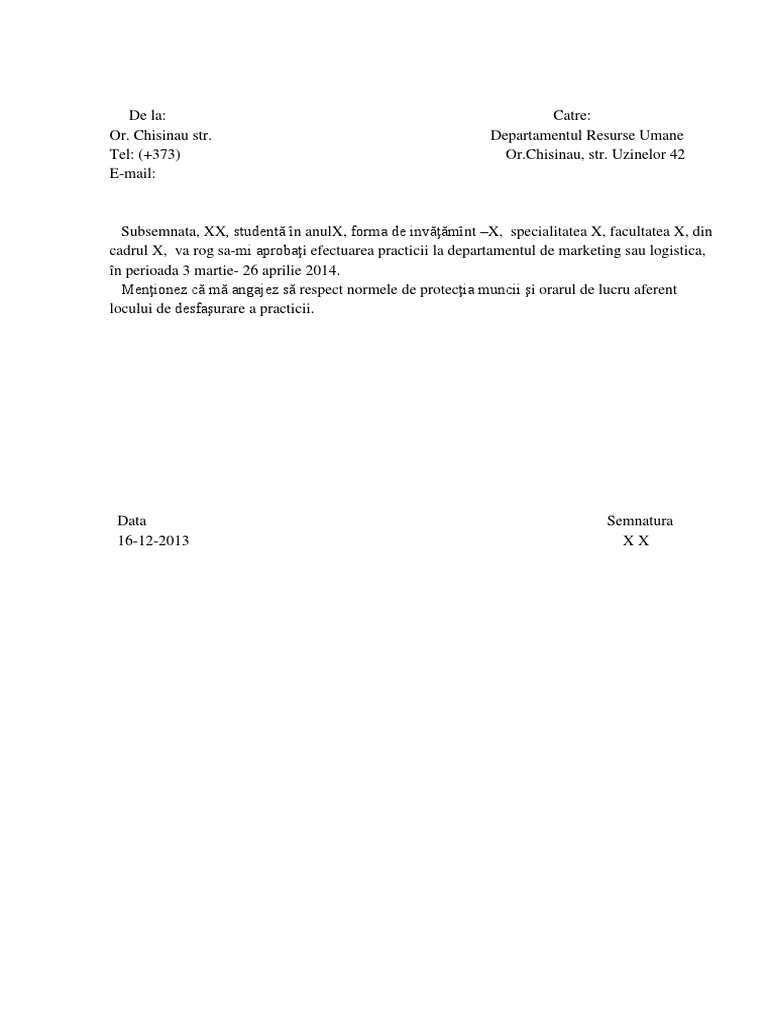 Model de Cerere Pentru Efectuarea Practicii | PDF