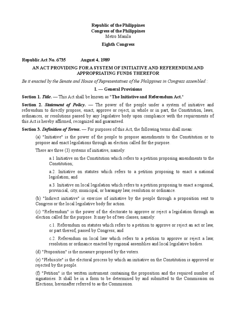 Ra 6735 | PDF | Initiative | Constitutional Amendment