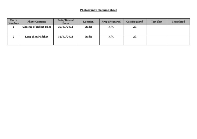 Photography Shoot Planner Template | PDF