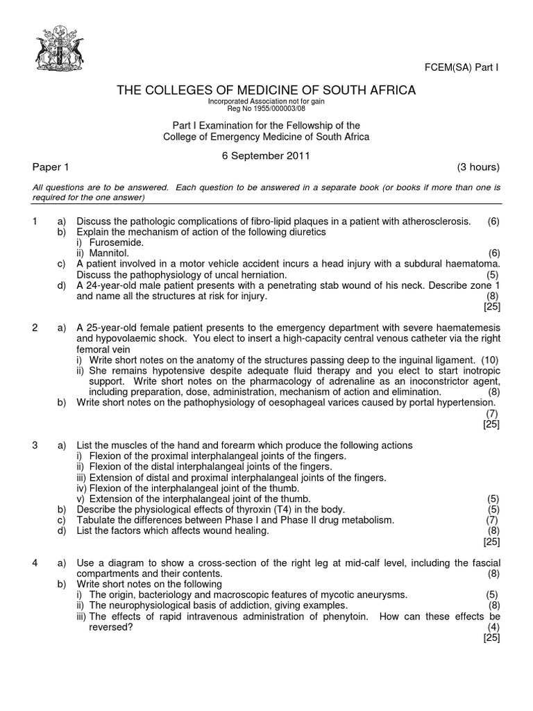 FCEM Part I Exam Questions 2011 | PDF | Vein | Diseases And Disorders