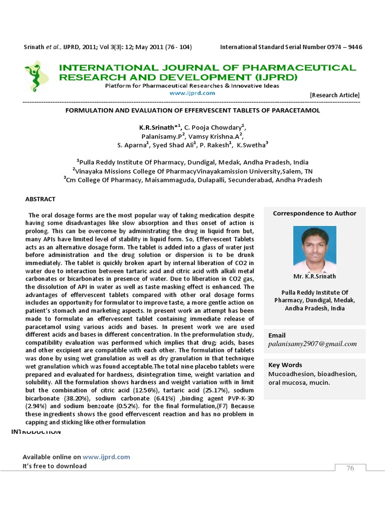Paracetamol Effervescent Tablet Formulation | PDF | Tablet (Pharmacy ...