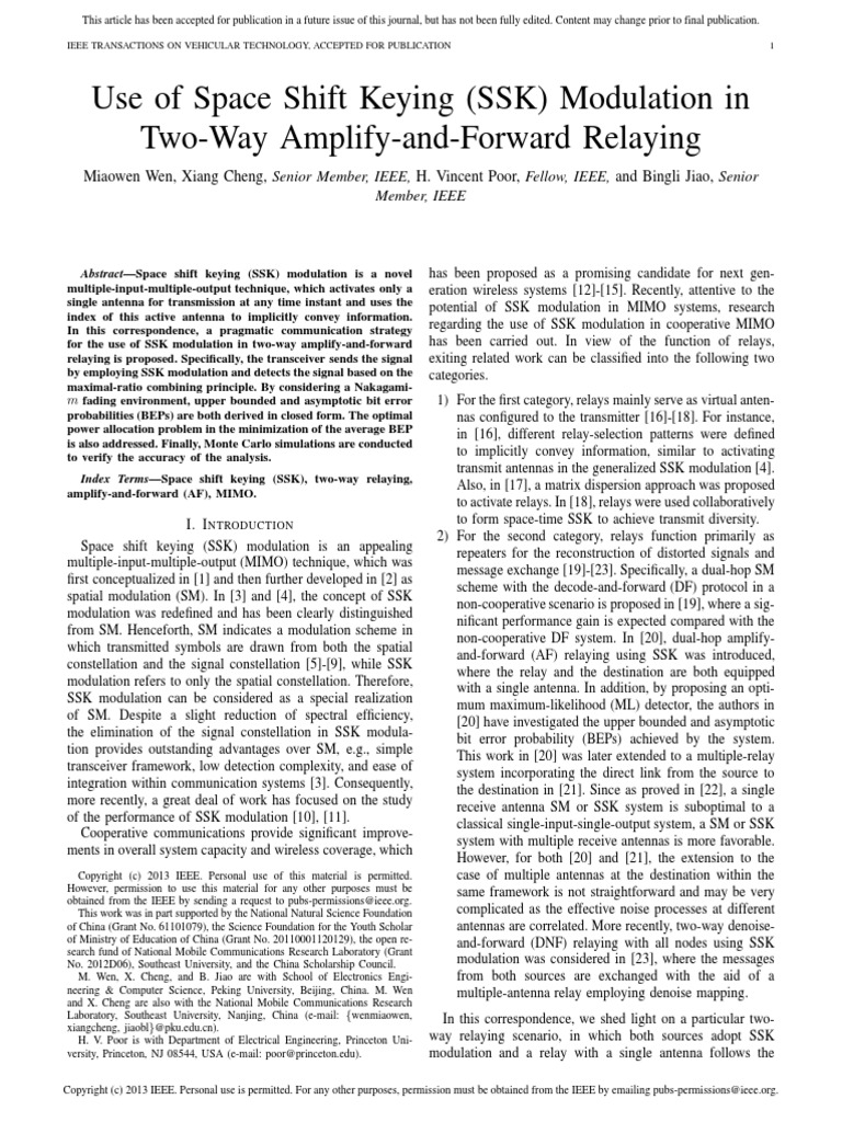 Use Of Space Shift Keying Ssk Modulation In Two Way Amplify And Forward Relaying Pdf Mimo