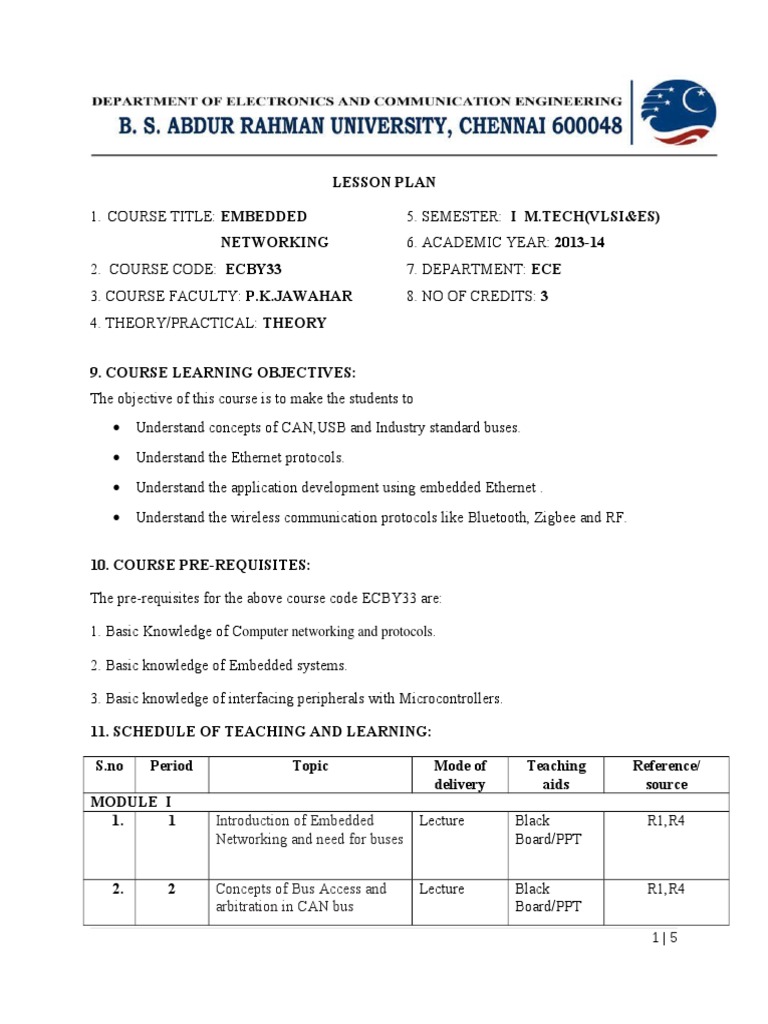 Embedded Networking Course Lesson Plan Outlining Key Concepts and Learning Objectives Across Six ...